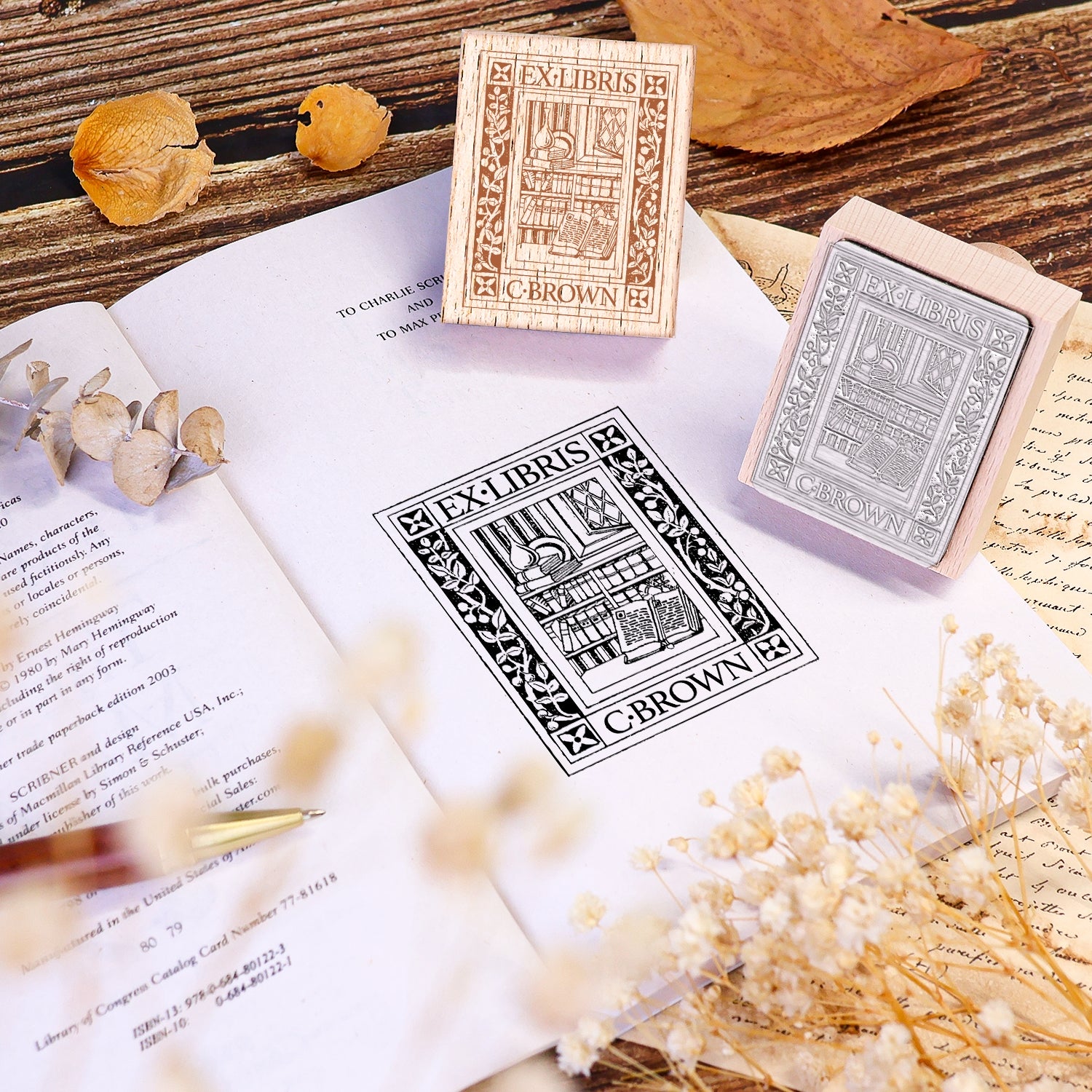 Custom Book Pavilion "Ex Libris" Book Wooden Rubber Stamp