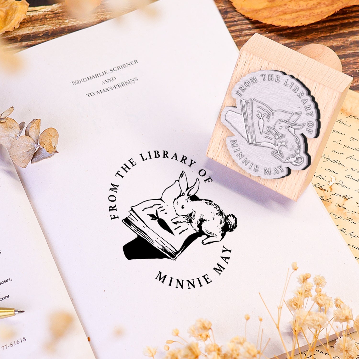 Custom Rabbit Ex Libris Book Stamp | Wooden Handle | Stamprints