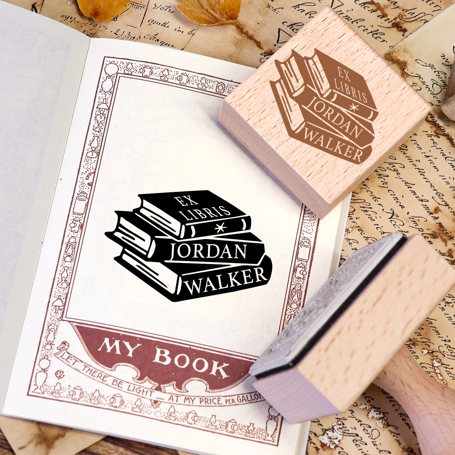 Custom Ex Libris Book Pile Wooden Stamps | Stamprints