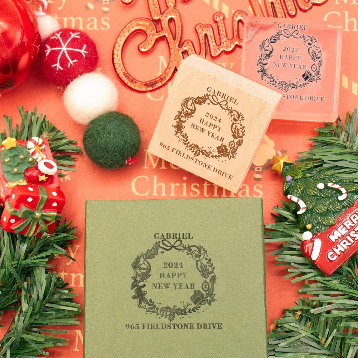 Custom Happy New Year Address Rubber Stamp - Square Design | Stamprints