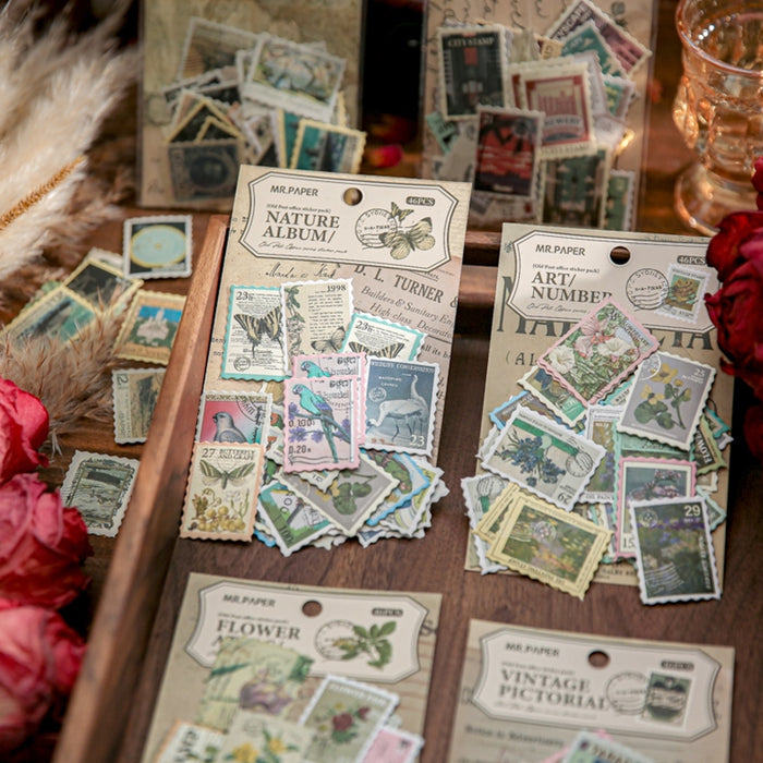 Vintage Postage Stamp Sticker Pack: Plants, Animals, Cities, and More!