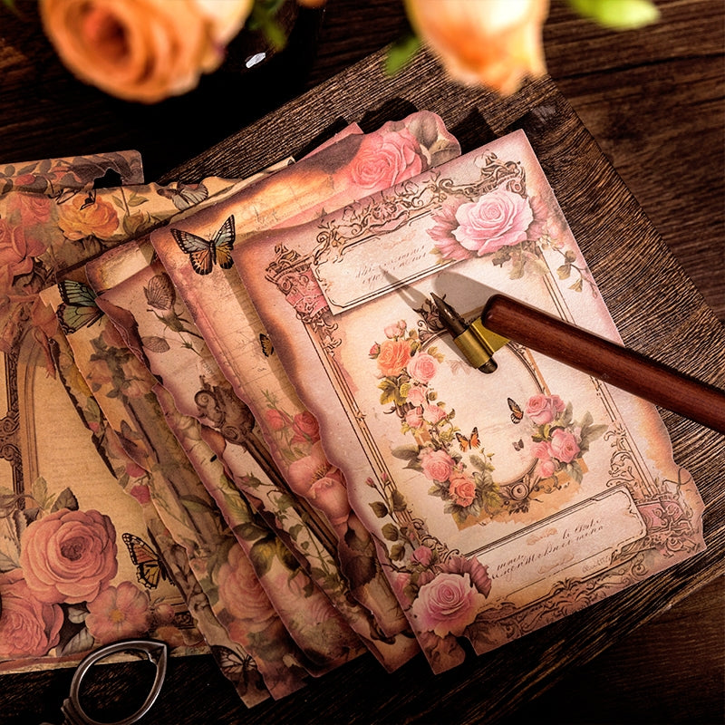 Vintage Burnt Edge Paper with Butterfly & Flowers | Stamprints