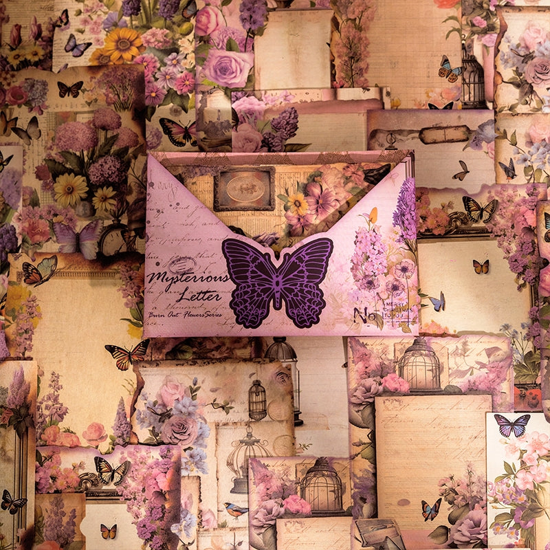 Vintage Burnt Edge Paper with Butterfly & Flowers | Stamprints