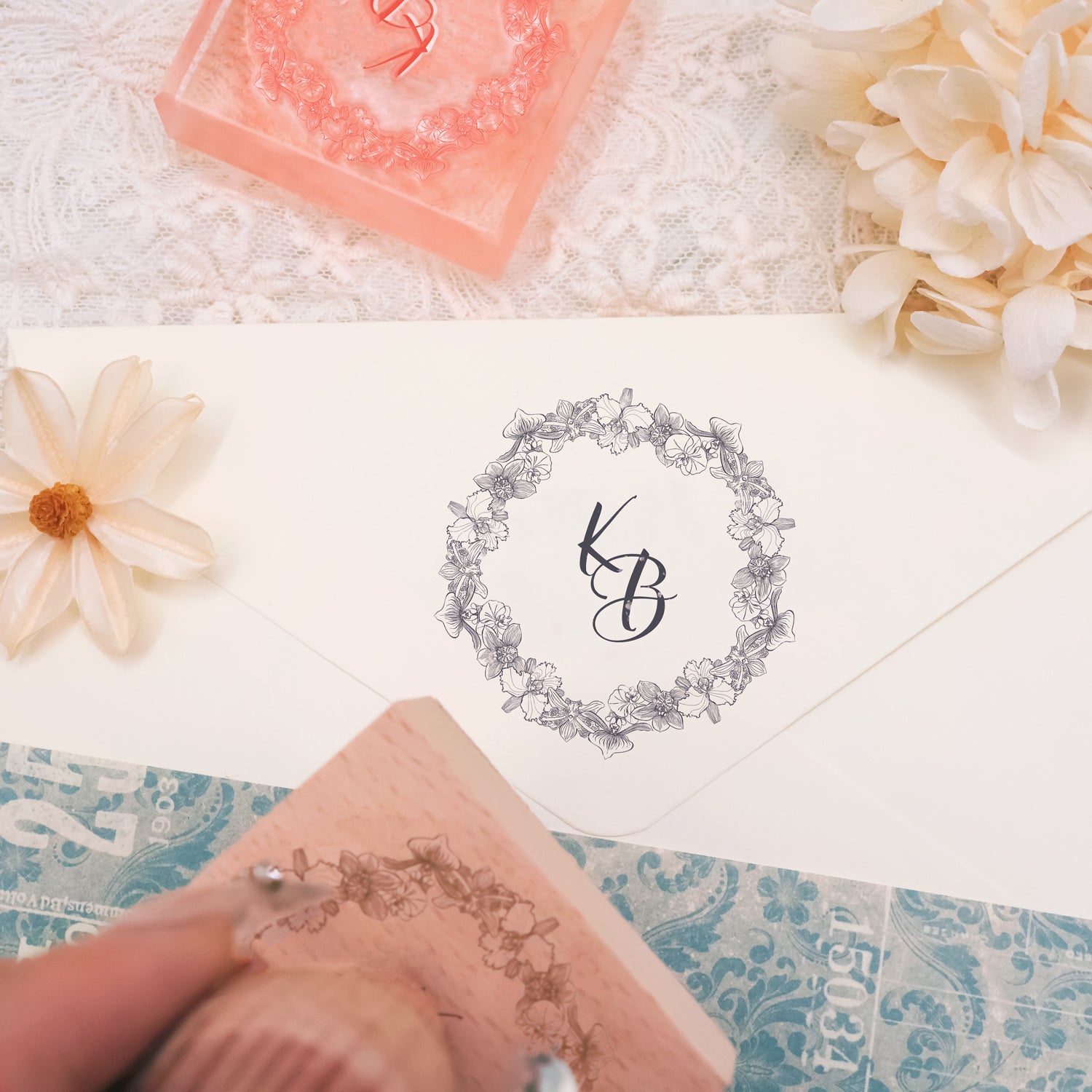 Custom Floral Wedding Monogram Rubber Stamp Style 12 | Stamprints