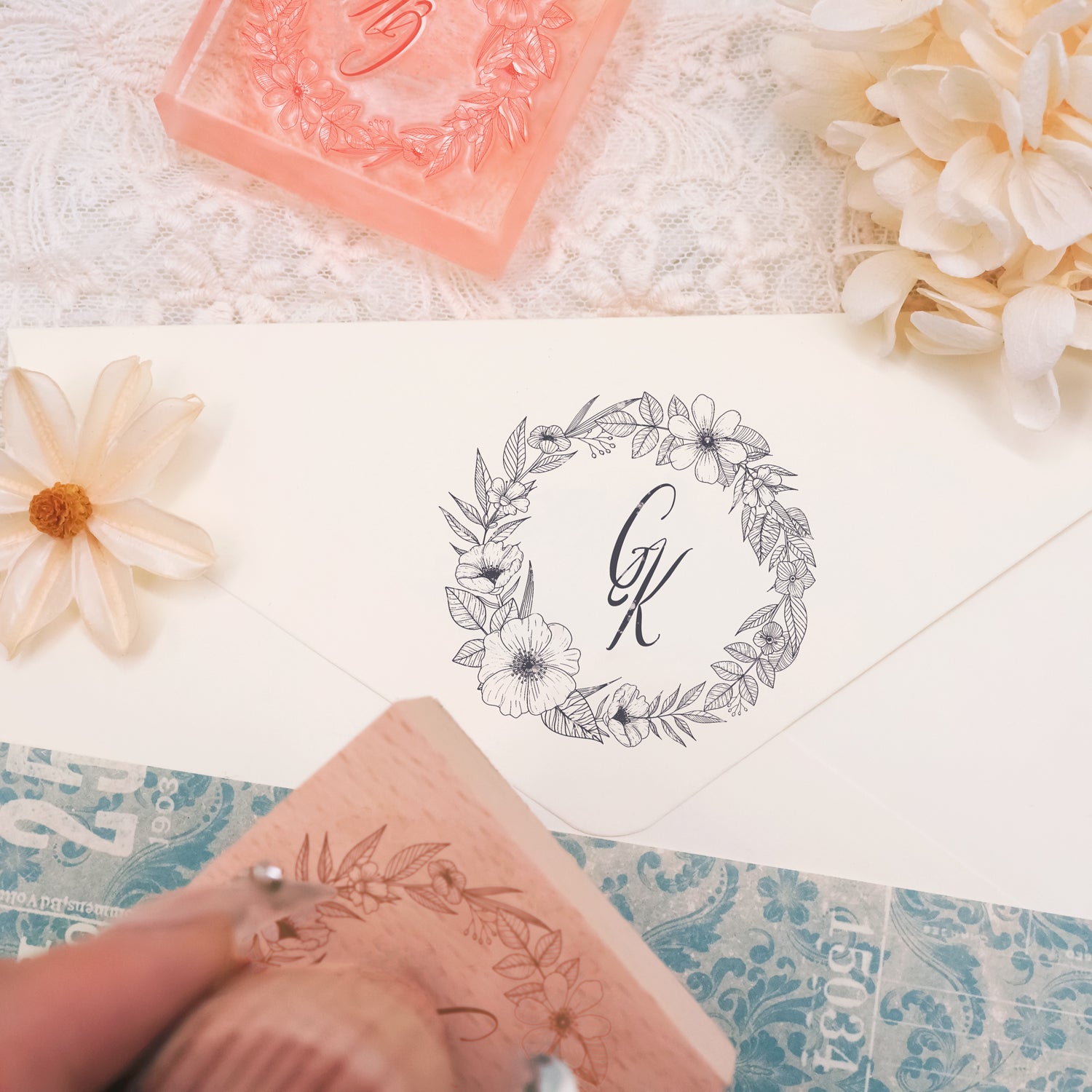 Luxury Botanical Wedding Monogram Stamp | Artisan Rubber Crafted