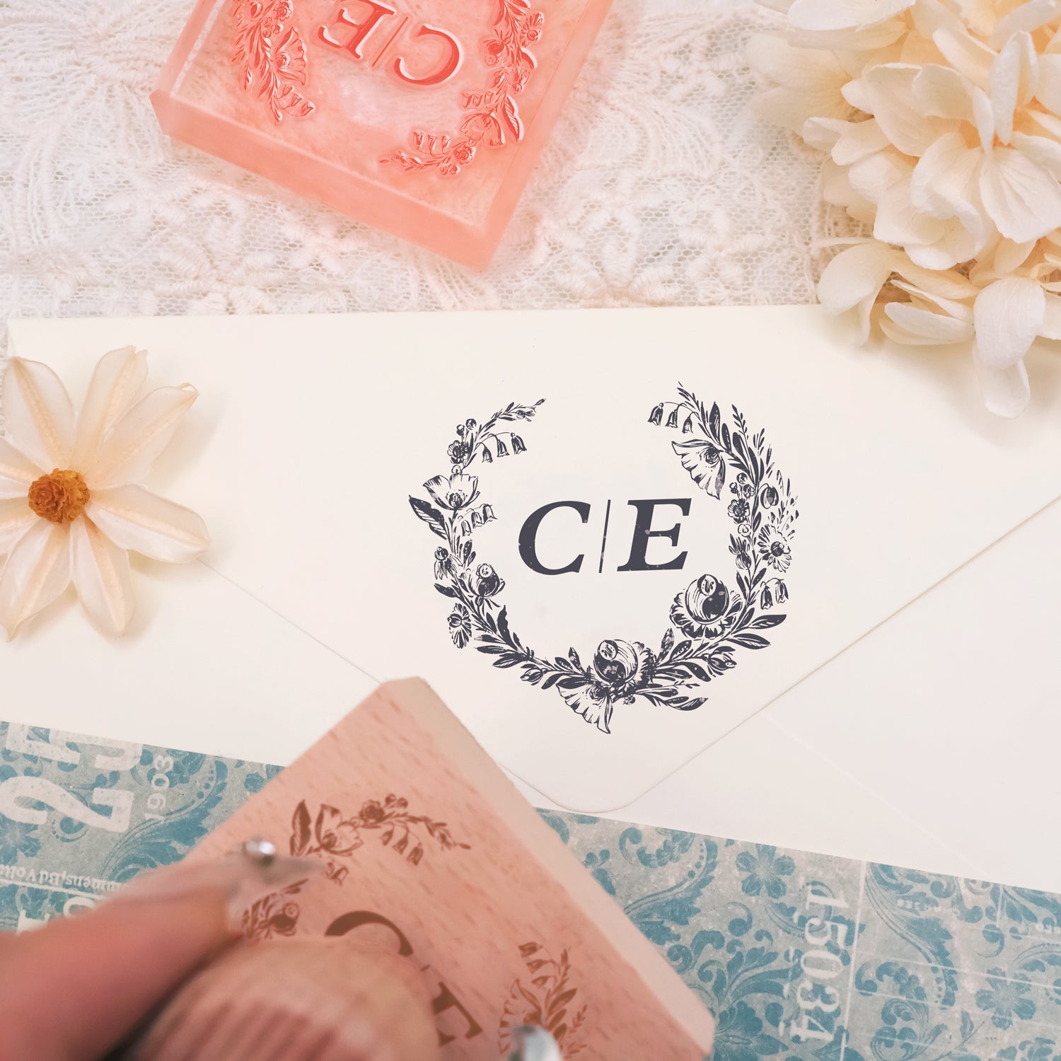 Custom Botanical Wedding Monogram Stamp Style 9 | Stamprints