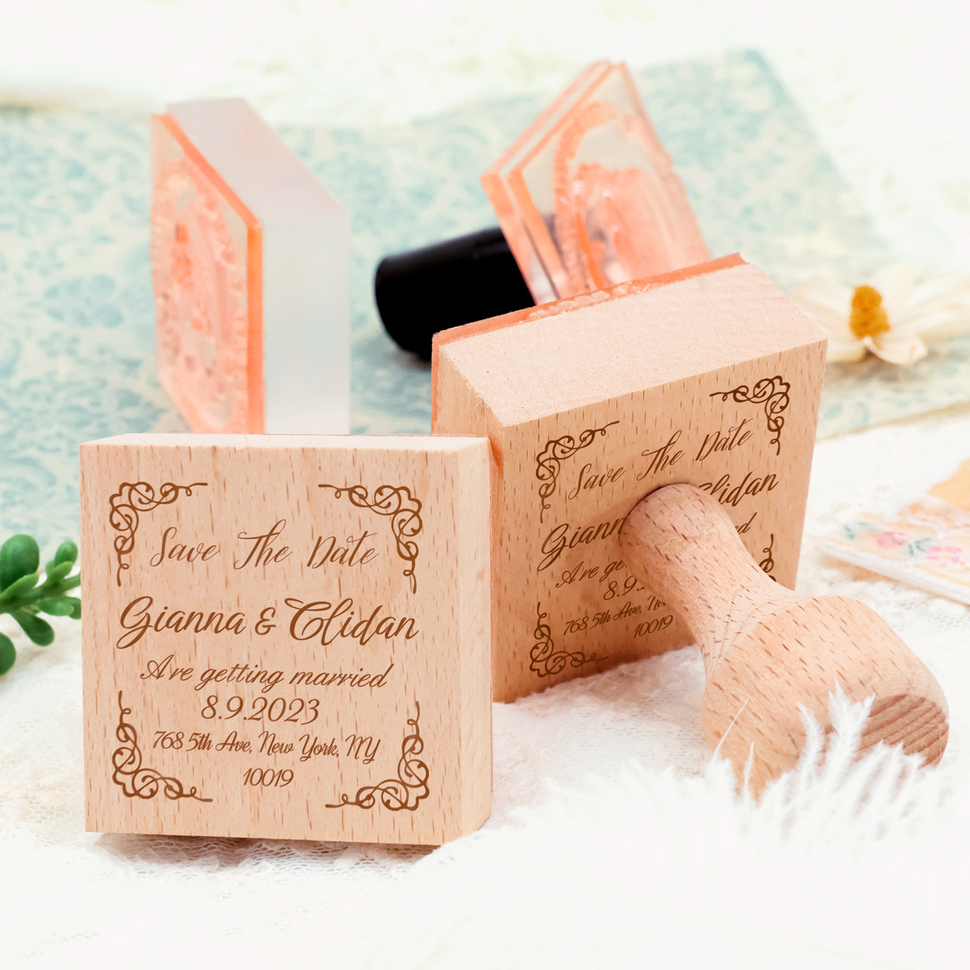Custom Floral Corners Wedding Save the Date Rubber Stamp - Wedding ...