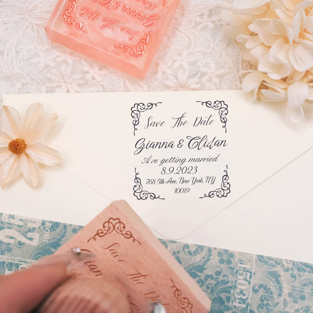 Custom Floral Corners Wedding Save the Date Rubber Stamp - Wedding ...