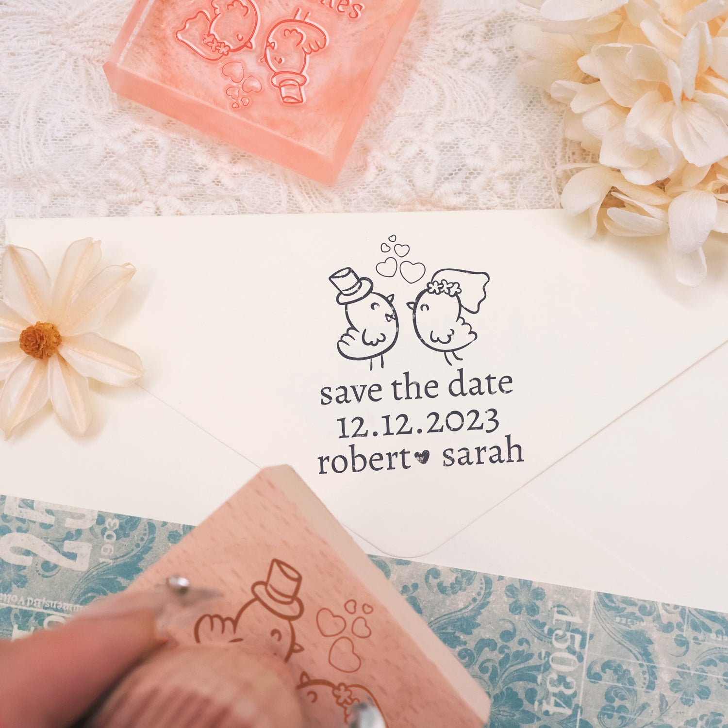 Lovebirds Wedding Save the Date Custom Rubber Stamp | Stamprints
