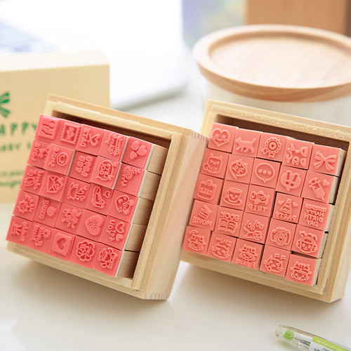 Cute Mini Cartoon Boxed Wooden Rubber Stamp Set-Mini Size|Stamprints