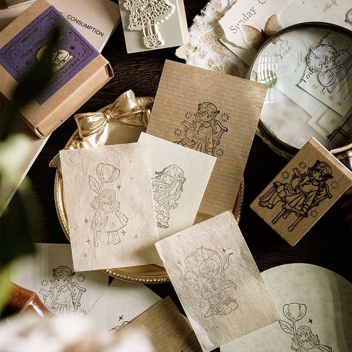 Retro Cute Cartoon Characters Little Boy Girl Wooden Rubber Stamp ...