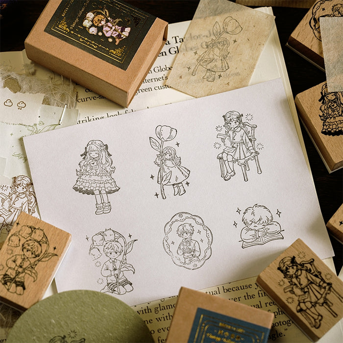Retro Cute Cartoon Characters Little Boy Girl Wooden Rubber Stamp ...